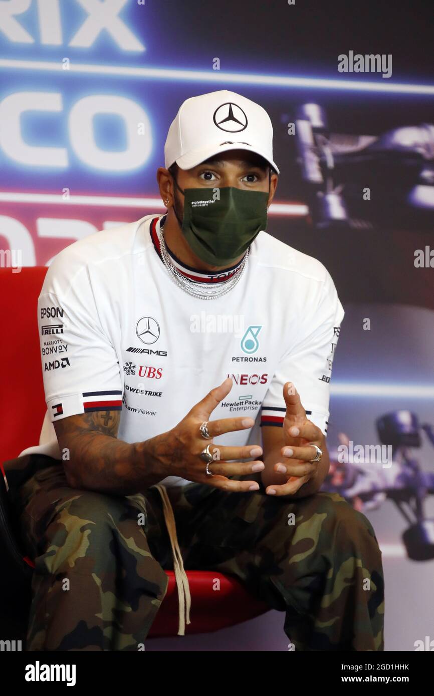 Lewis Hamilton (GBR) Mercedes AMG F1 in the FIA Press Conference ...