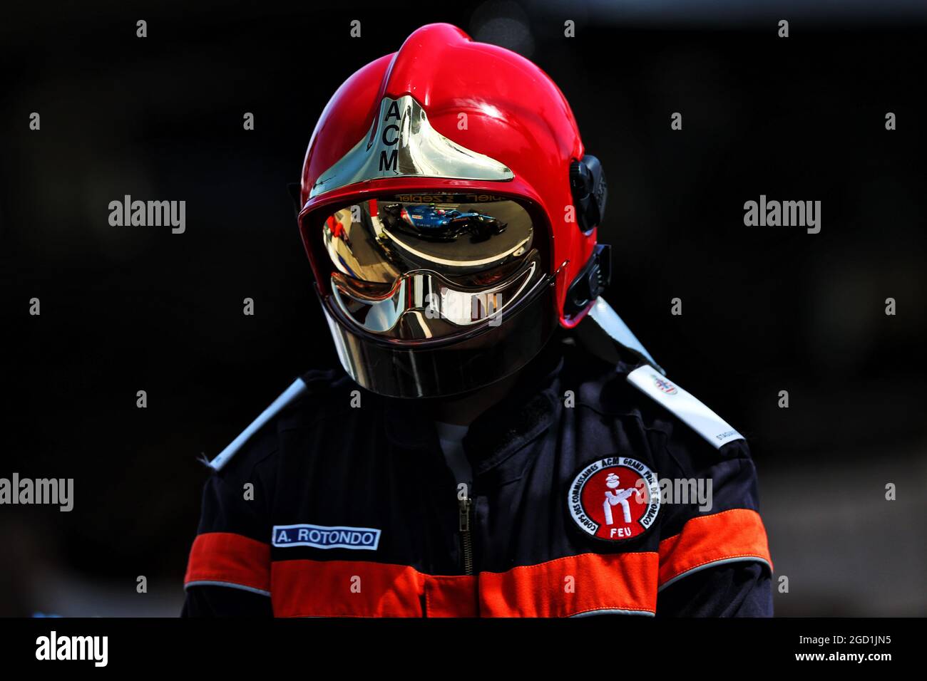 Esteban Ocon (FRA) Alpine F1 Team A521 reflected in a fire marshal's ...