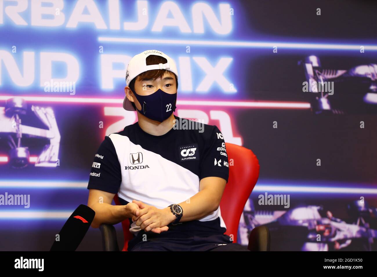 Yuki Tsunoda (JPN) AlphaTauri in the FIA Press Conference. Azerbaijan ...