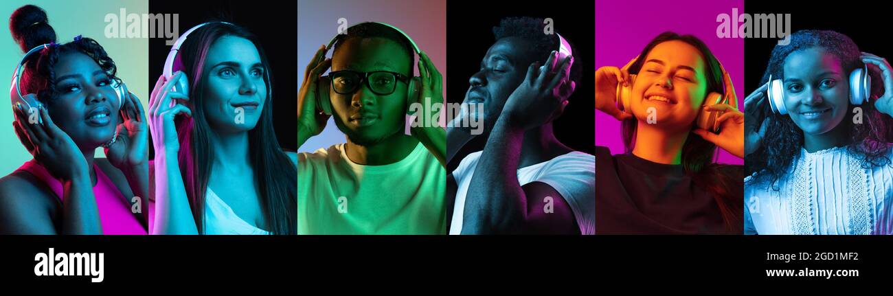 Collage of portraits of young people in headphones isolated over ...