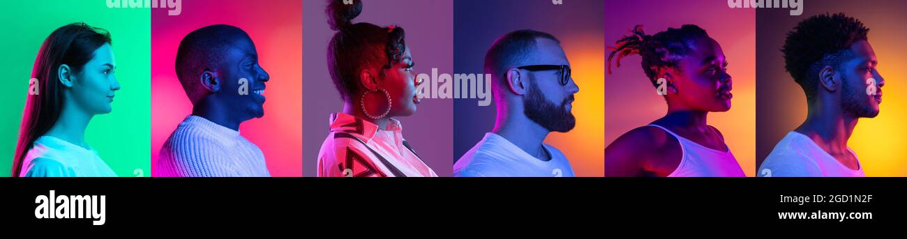 Collage of side view portraits of young smiling people isolated over ...