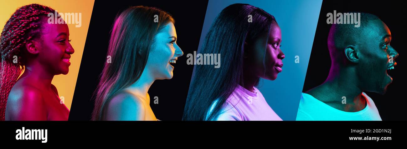 Collage of side view portraits of young smiling people isolated over ...