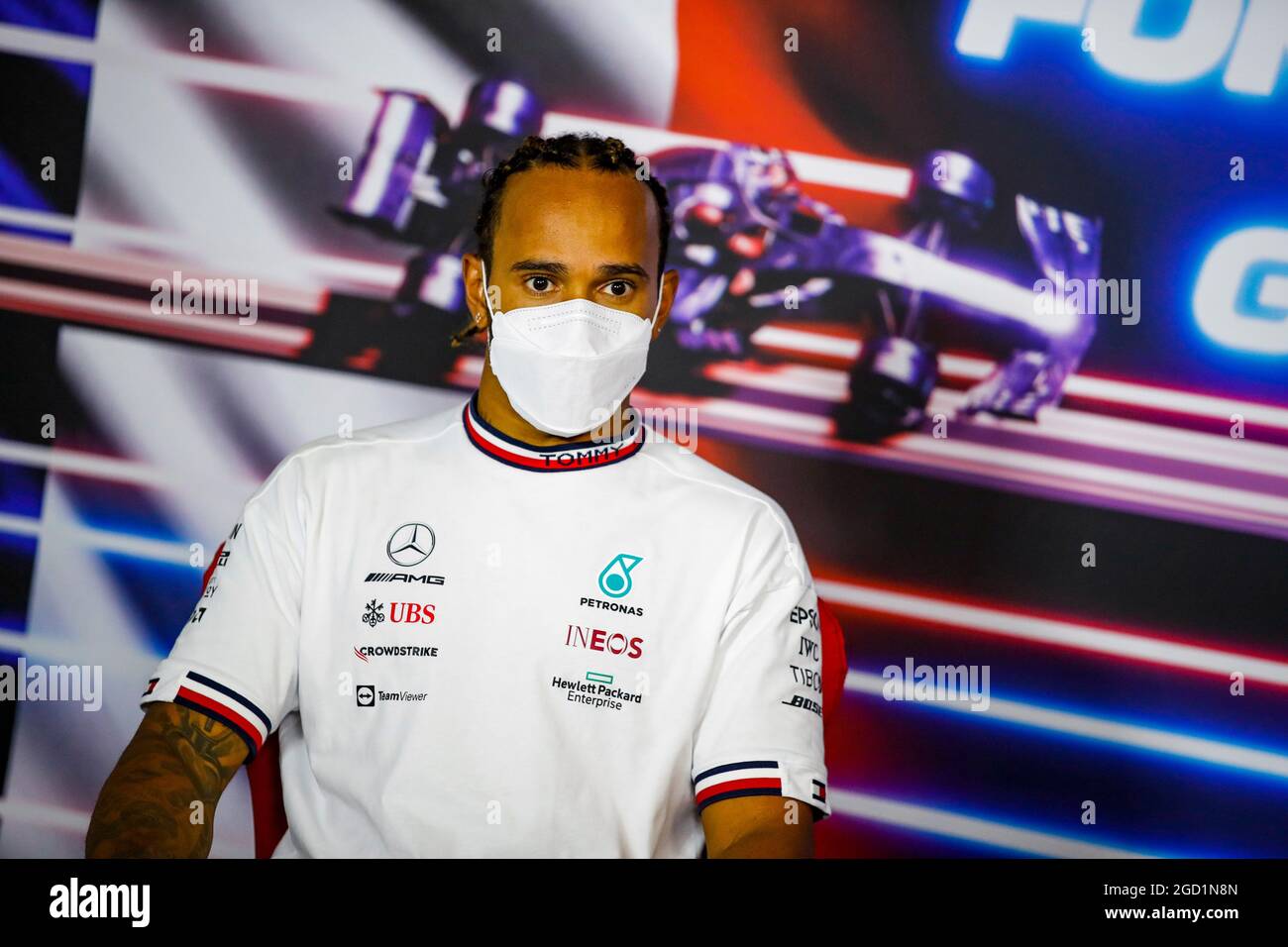 Lewis Hamilton (GBR) Mercedes AMG F1 in the post race FIA Press ...