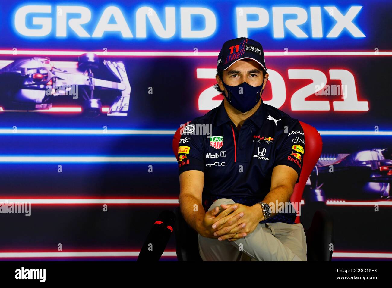 Sergio Perez (MEX) Red Bull Racing in the FIA Press Conference. British ...