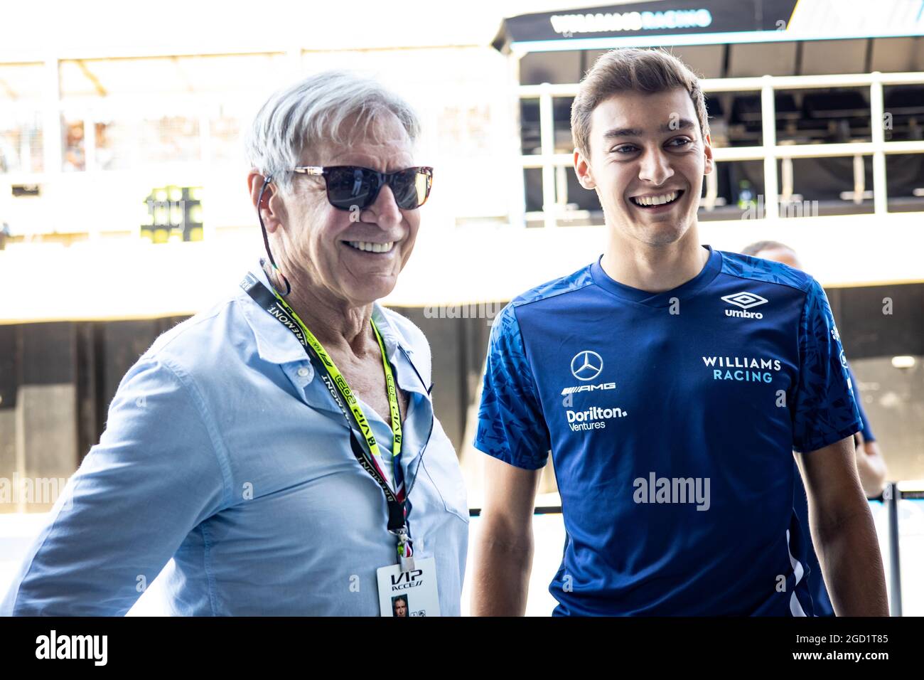 (L to R): Harrison Ford (USA) Actor with George Russell (GBR) Williams ...