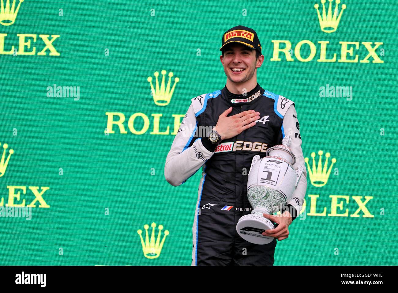 Race winner Esteban Ocon (FRA) Alpine F1 Team celebrates on the podium ...