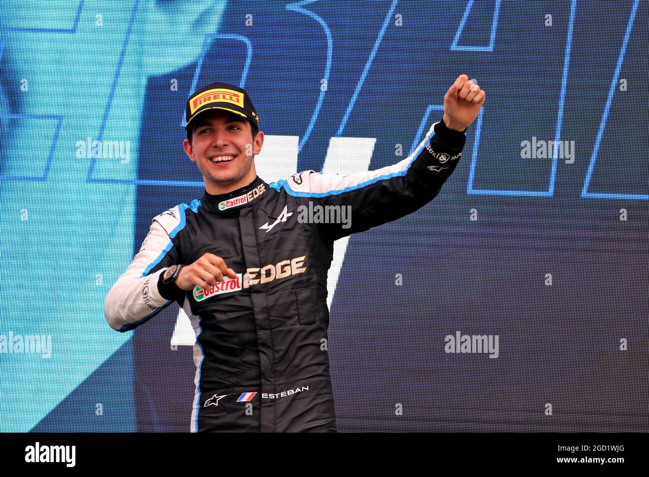 Race winner Esteban Ocon (FRA) Alpine F1 Team celebrates on the podium ...