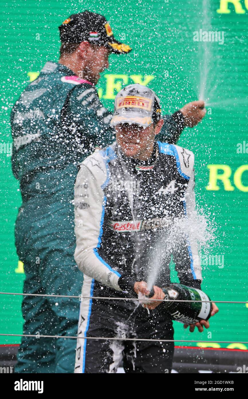 Race winner Esteban Ocon (FRA) Alpine F1 Team celebrates on the podium ...