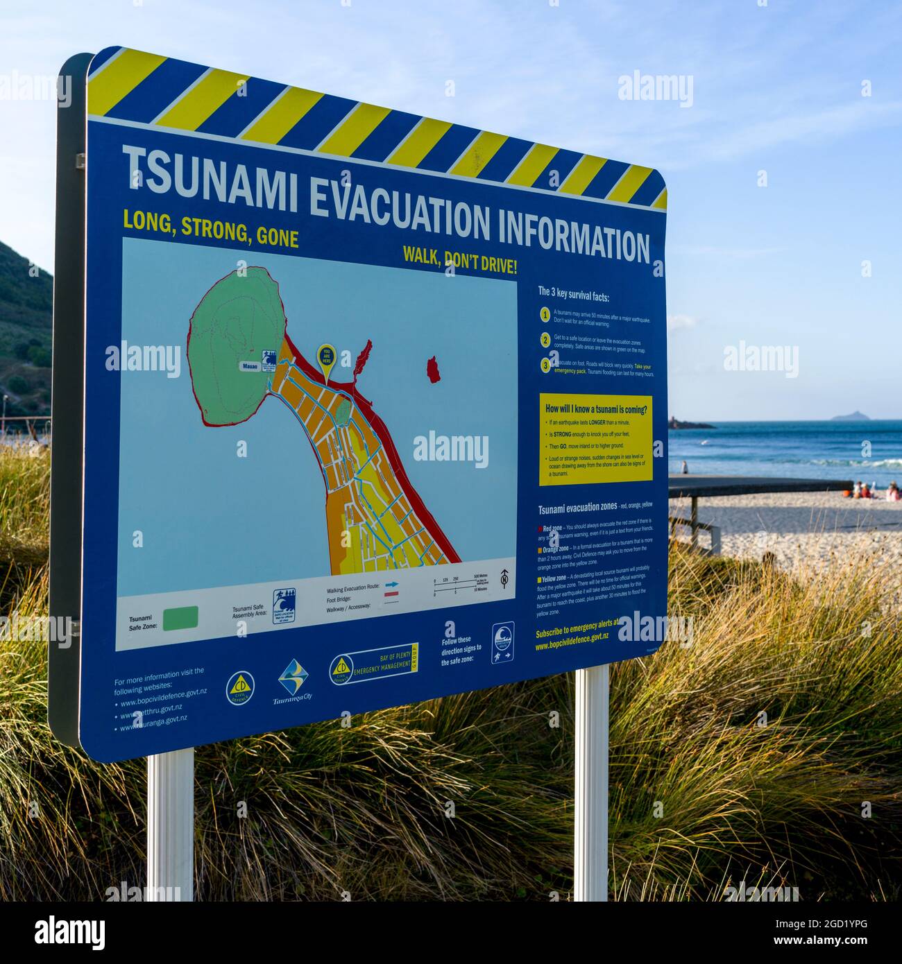 Close-up of Tsunami warning signboard, Tauranga, Bay of Plenty, North ...