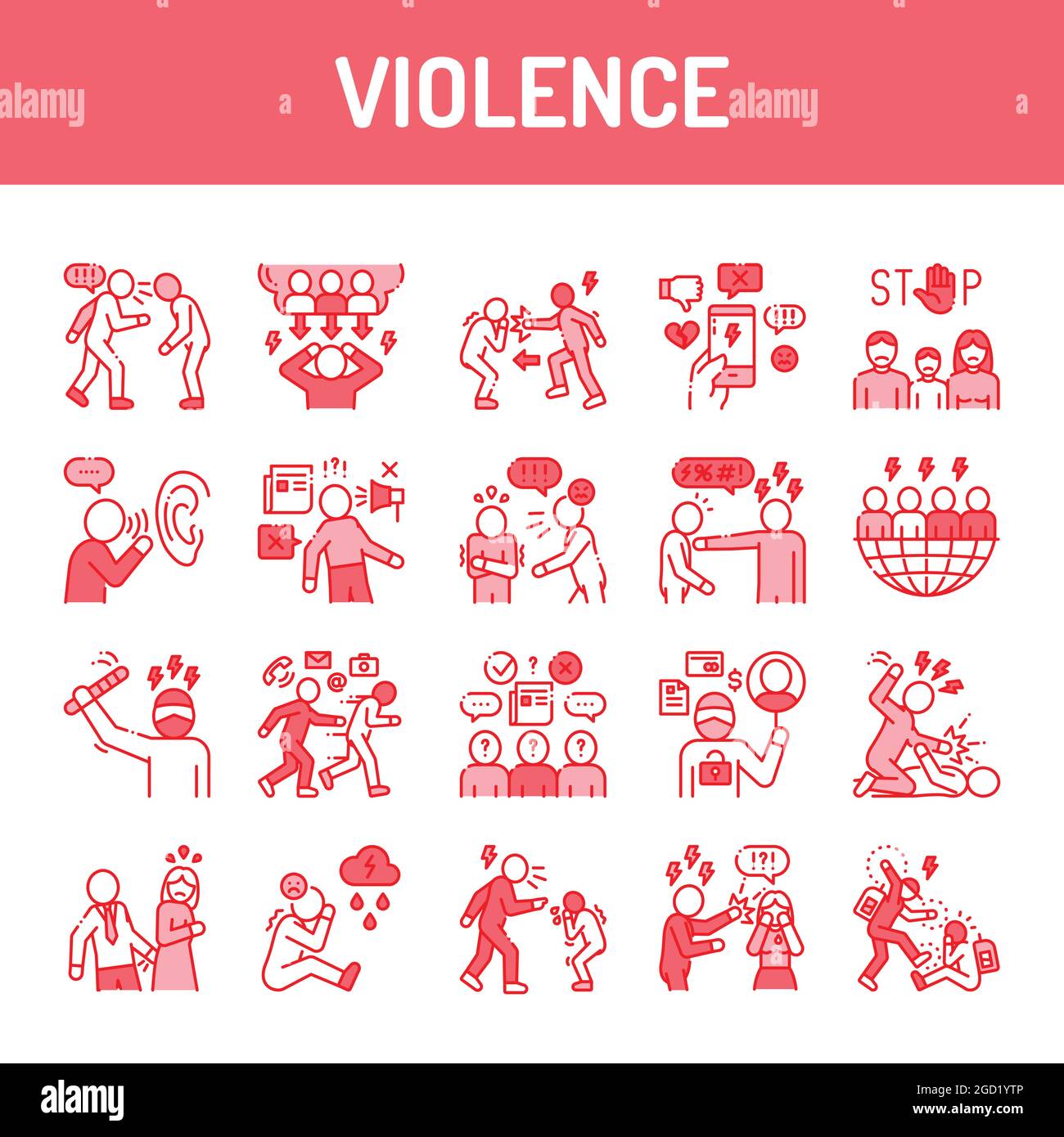 Violence color line icons set. Harassment, social abuse and bullying ...