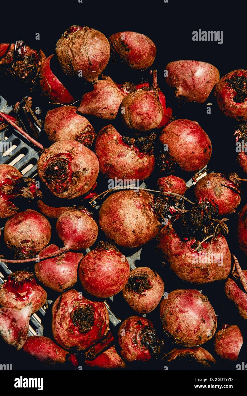 Organic red beets on display at local farmers market Stock Photo - Alamy