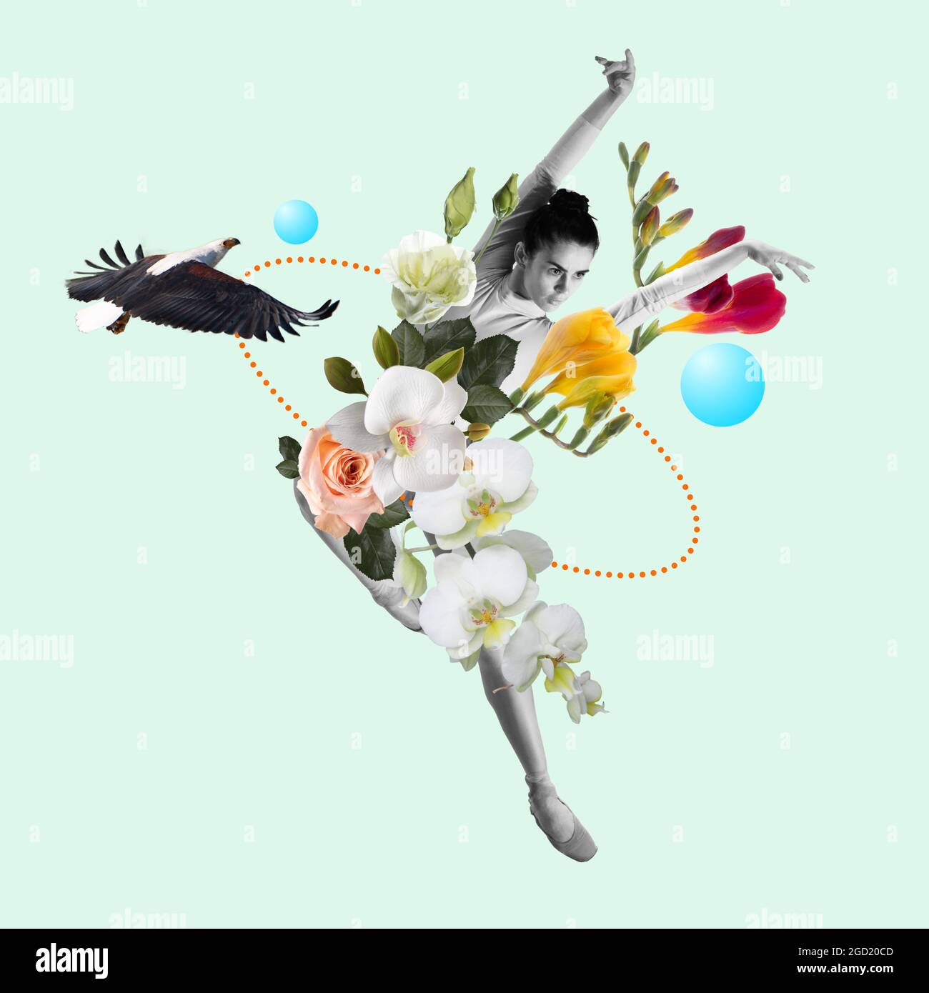 Dancing woman a ballet dancer or performer with flowers. Copyspace ...