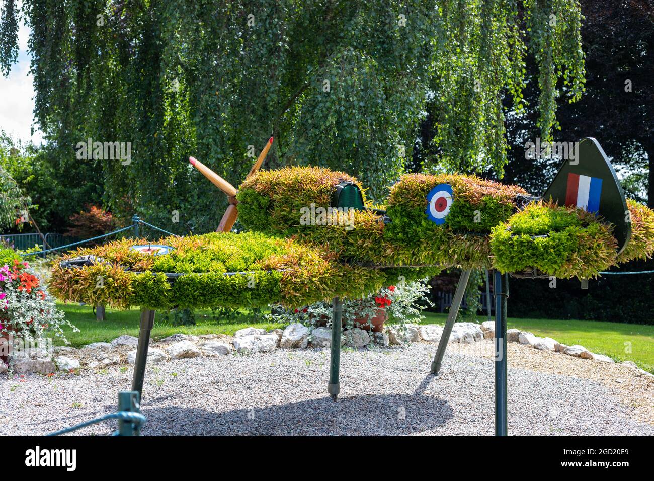 Truro, UK,10th August 2021,Supermarine Spitfire made of topiary in ...