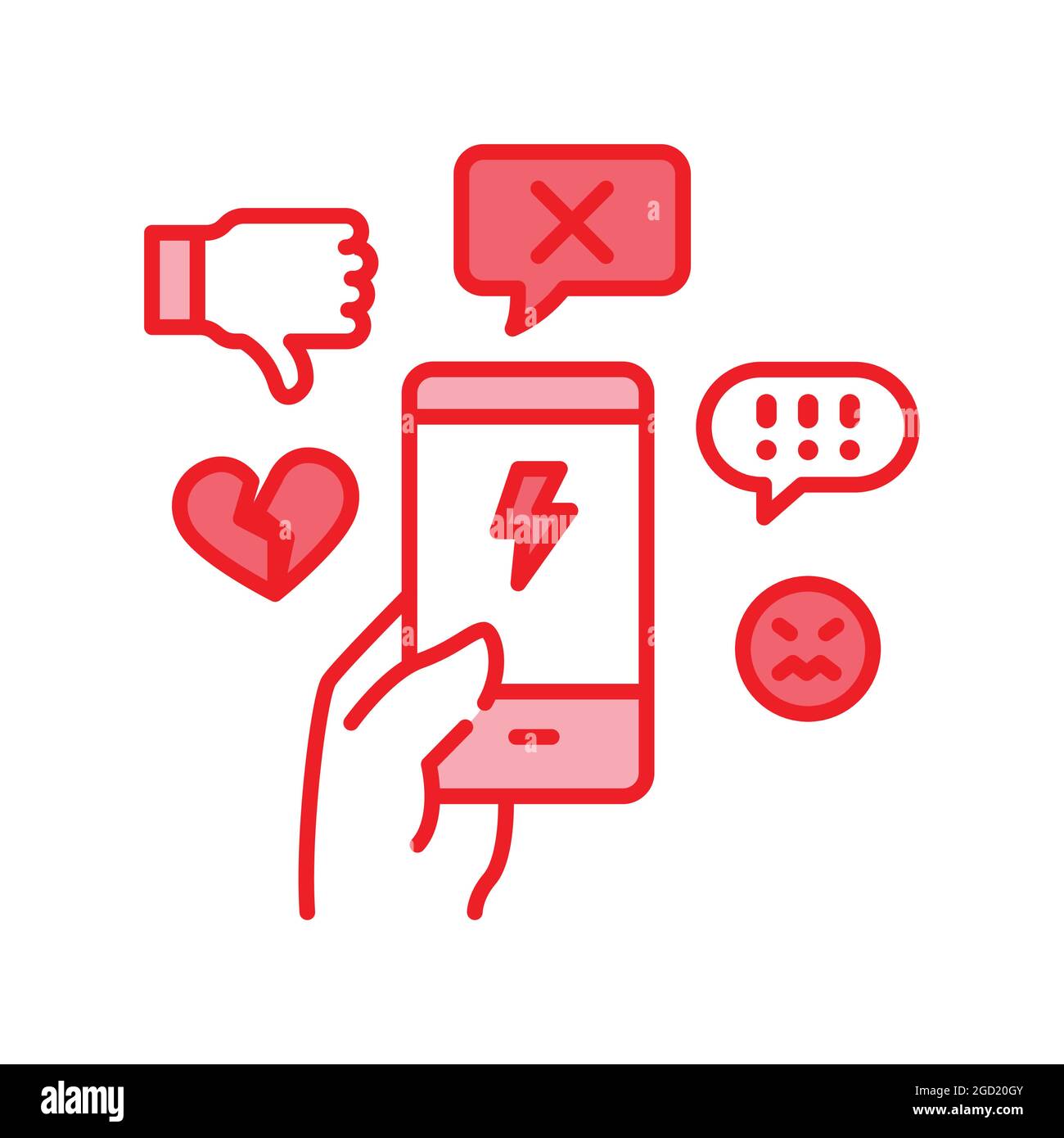 Cyberbullying victim hand holding smartphone black line icon. Abuse ...