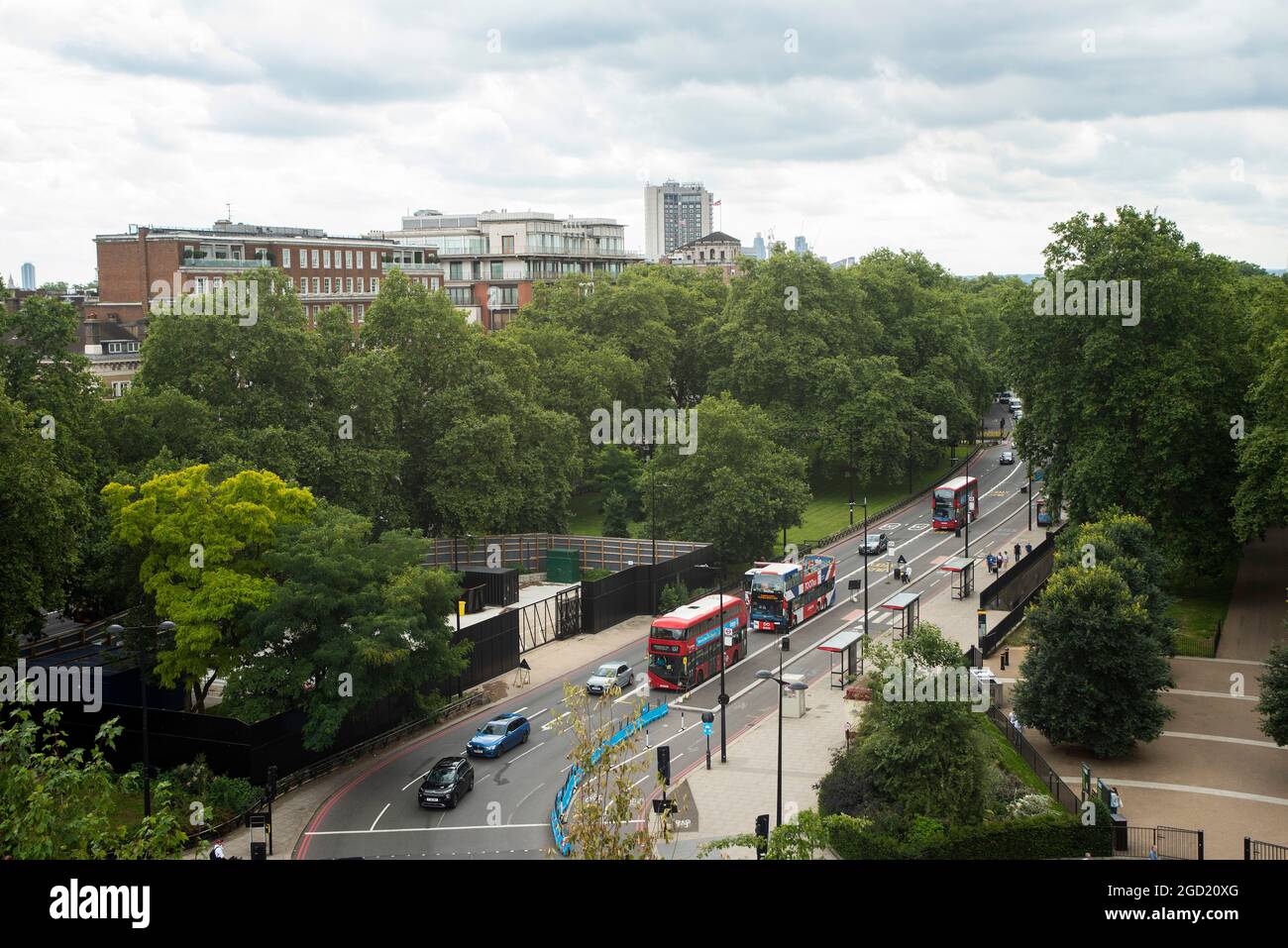 Park Lane viewed from The Mound at Marble Arch, London, UK. New road ...