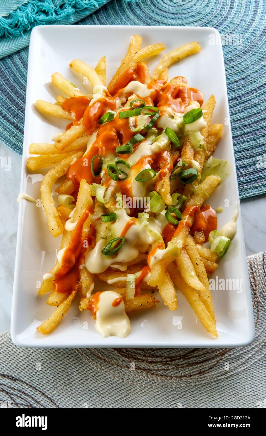 Loaded pepper jack cheese fries with chipotle sauce and scallions Stock ...