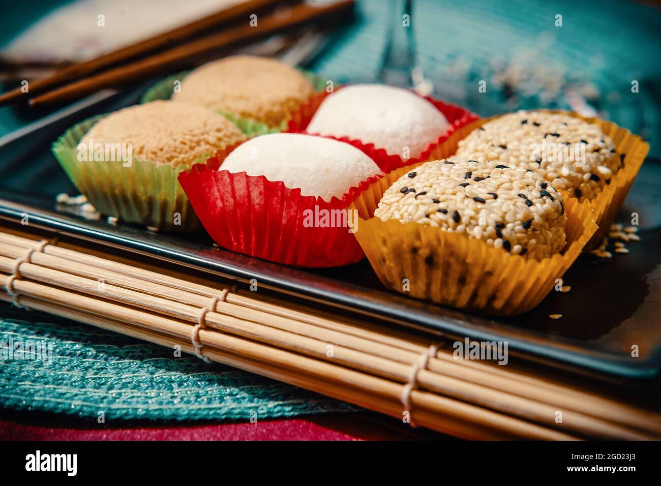 Japanese traditional dessert mochi served with glass of pink sake Stock ...