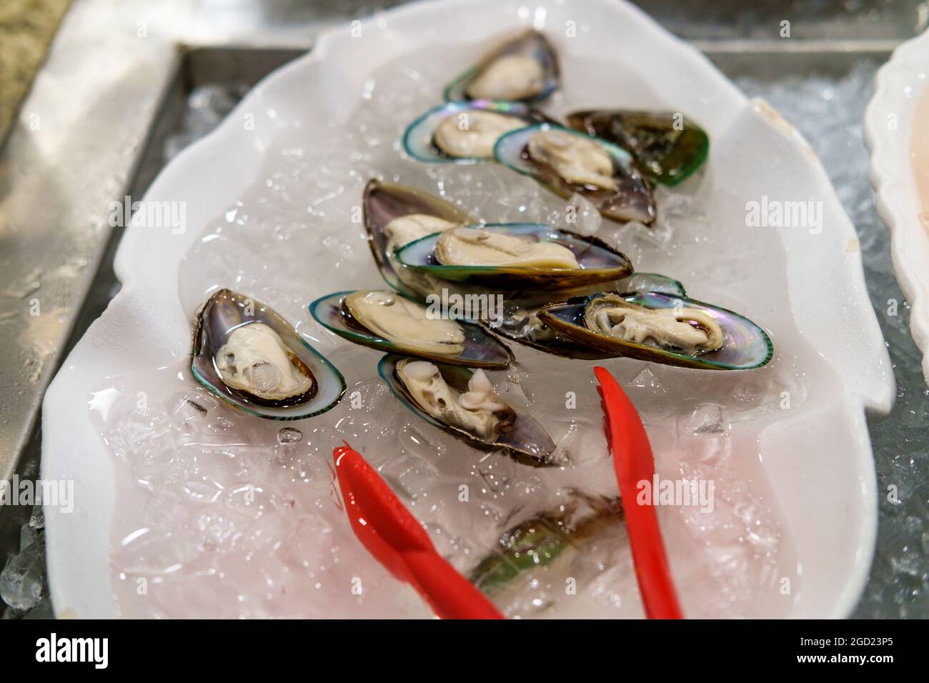 Pile of fresh mussel shellfish served cold on ice Stock Photo - Alamy