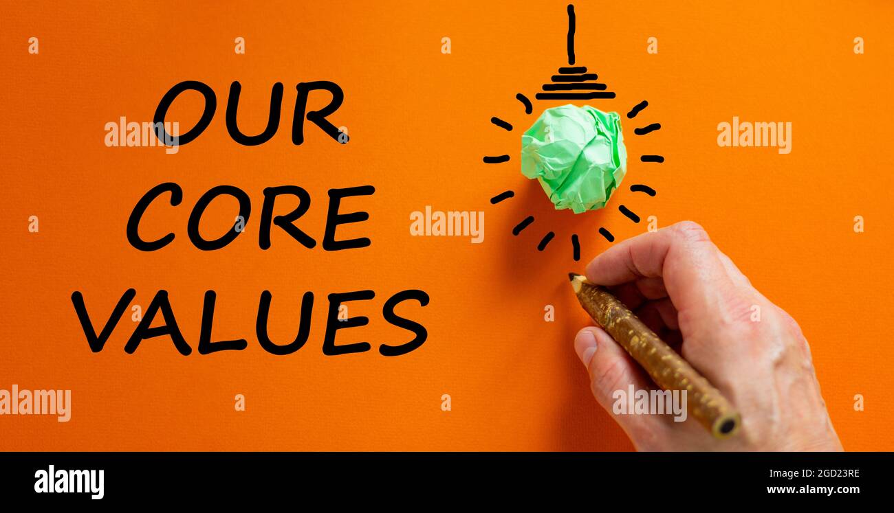 Our core values symbol. Businessman writing words 'Our core values ...