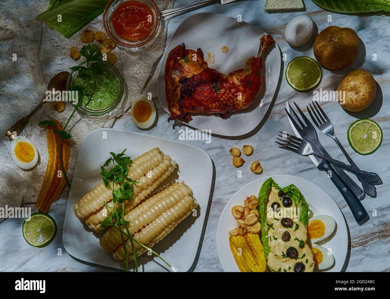 Peruvian full course dinner including papa a la Huancaina potatoes and ...