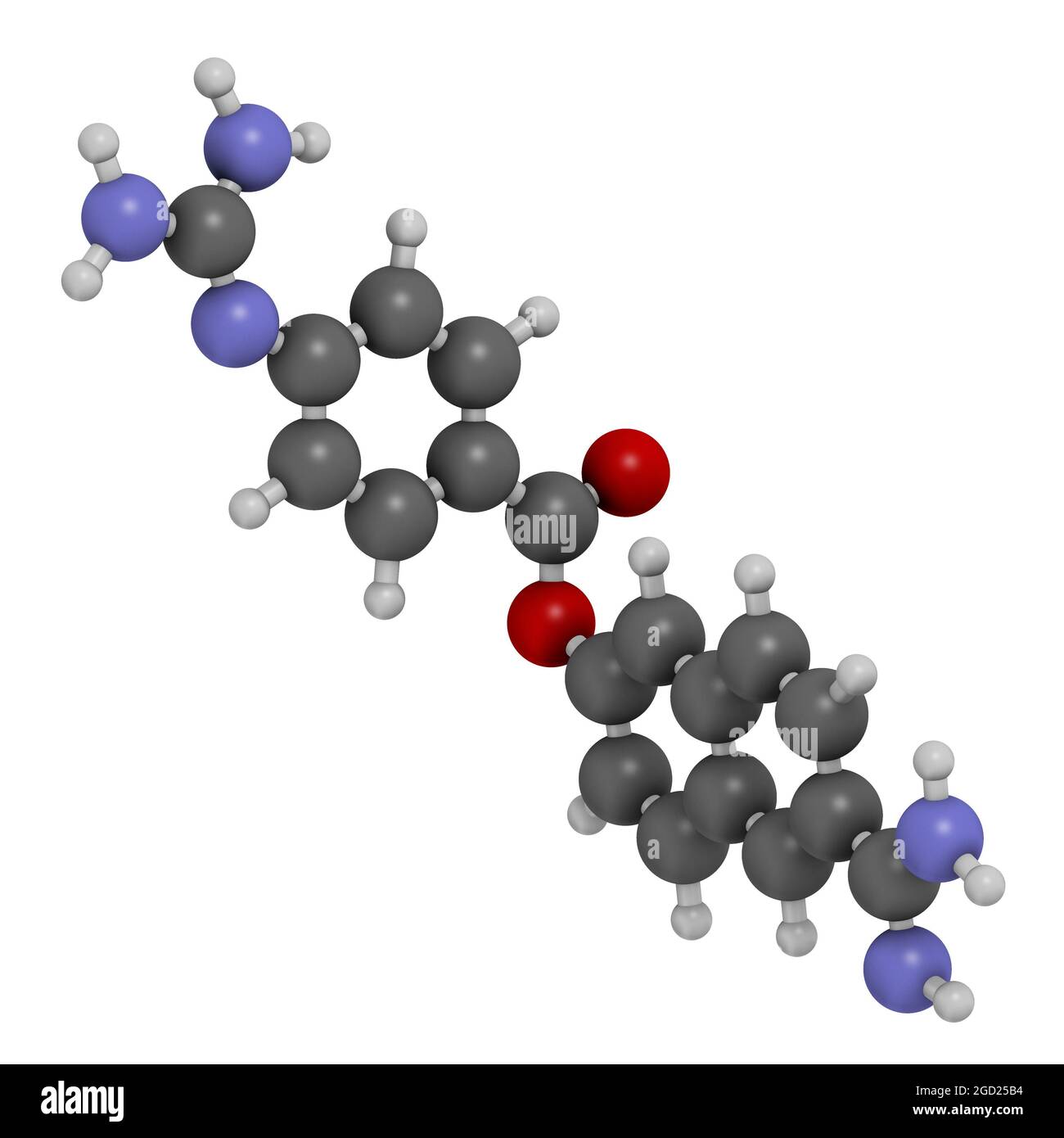 Nafamostat drug molecule (serine protease inhibitor). 3D rendering ...