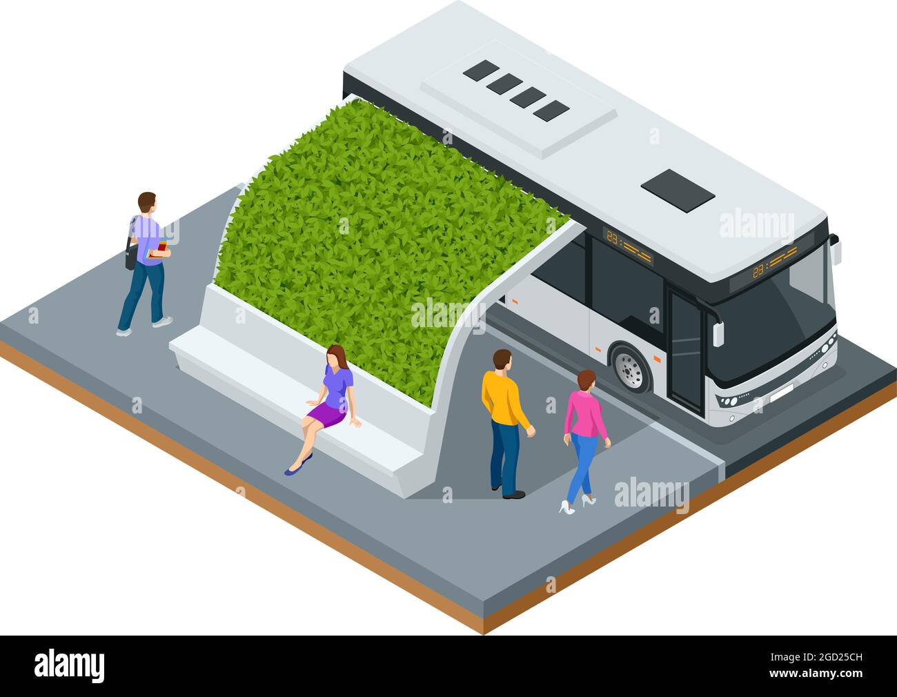 Isometric modern bus stop with lawns on the roof in the city eco park ...