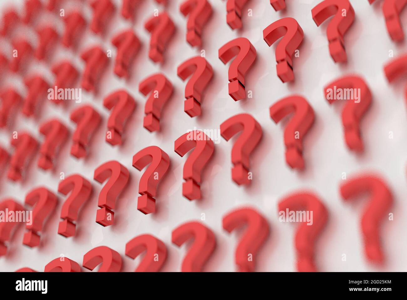 Three-dimensional rendered red question marks on a white background. 3D ...