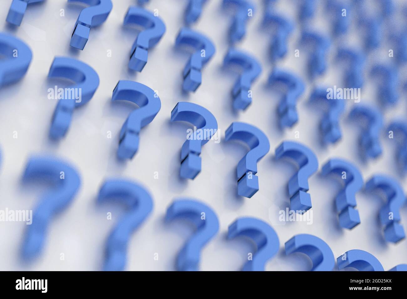 Three-dimensional rendered blue question marks on a white background ...