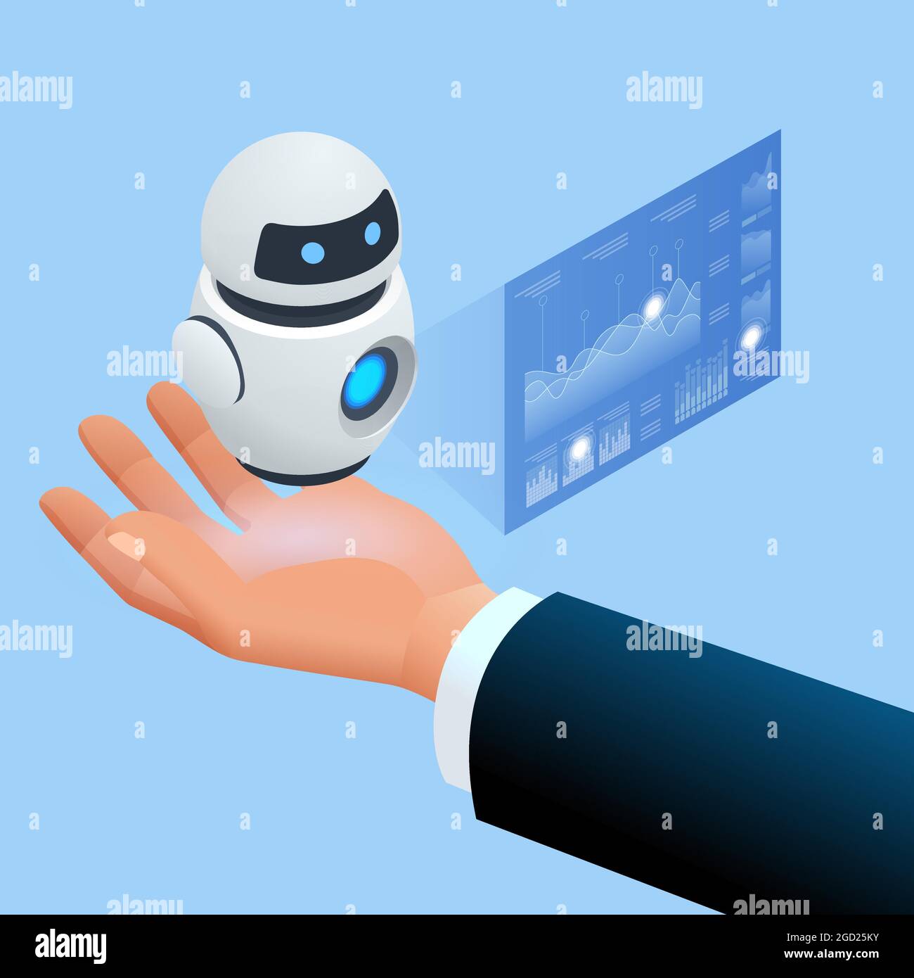 Isometric robot analyzes the database. Artificial intelligence working ...