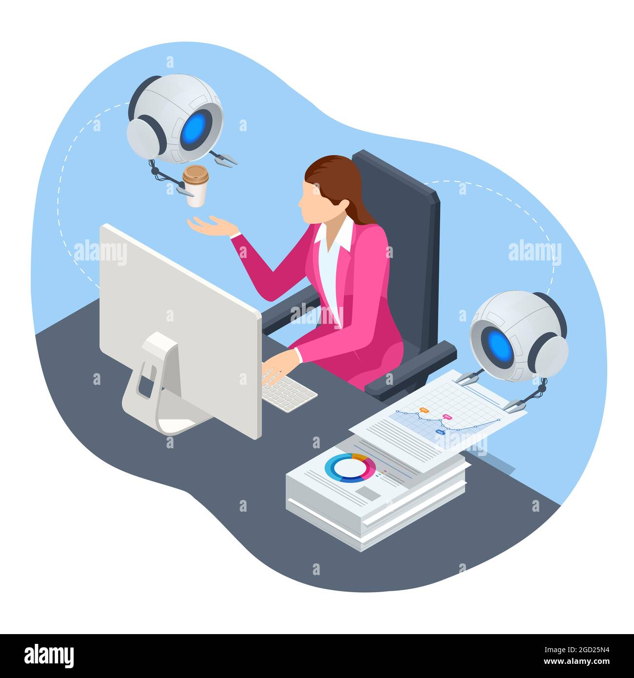 Isometric robot analyzes the database. Artificial intelligence working ...