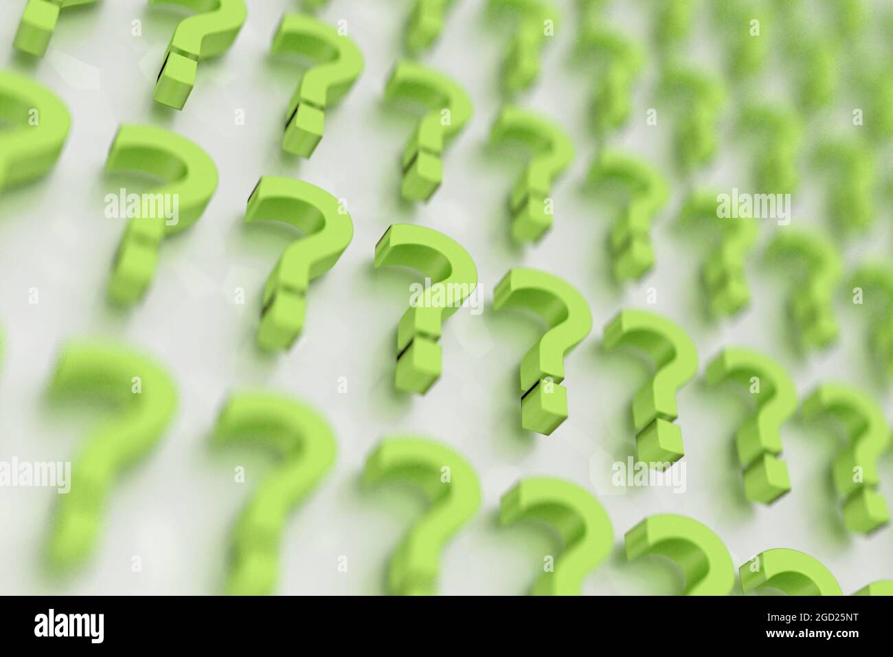Three-dimensional rendered green question marks on a white background ...