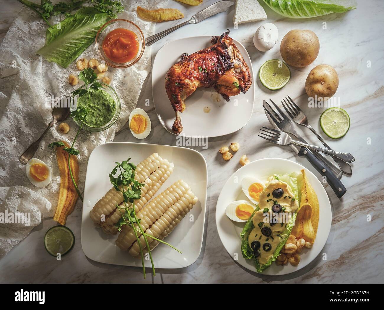 Peruvian full course dinner including papa a la Huancaina potatoes and ...