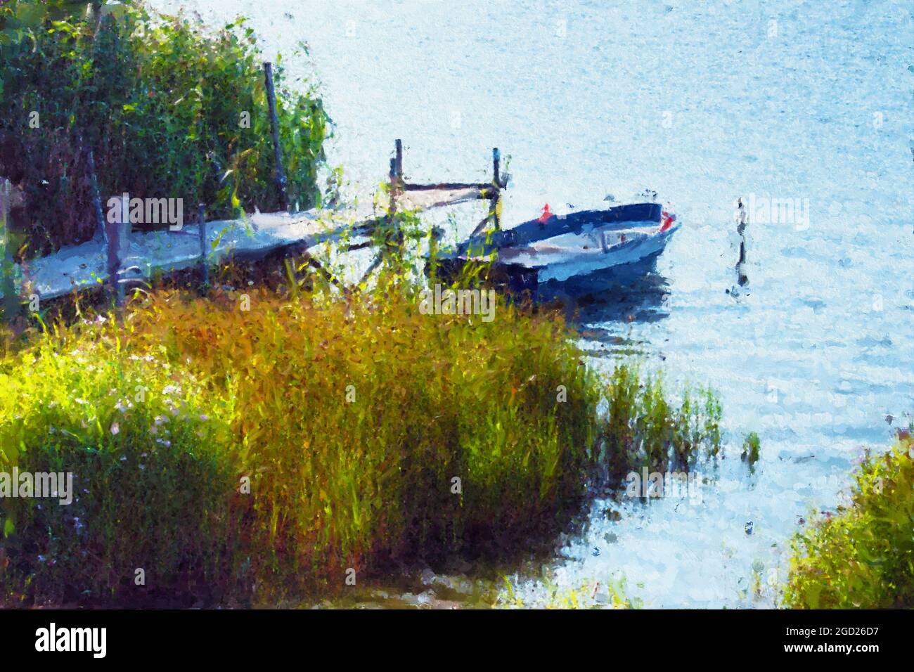 Acryl paintings of fishing boats and pier in the Havel River. Havelland ...