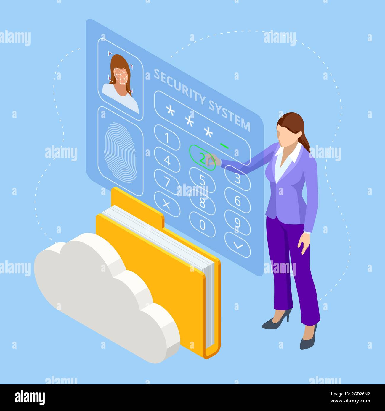 Isometric facial recognition system concept. Finger print scan for enter security system ...