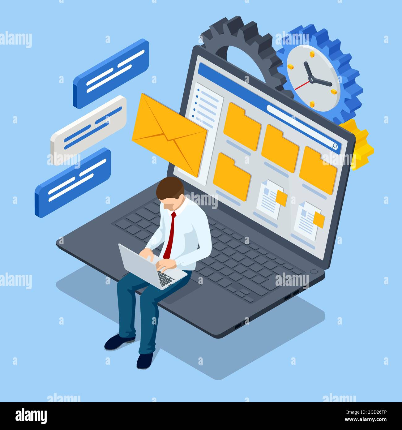 Isometric file in database concept. Businessman working reading ...