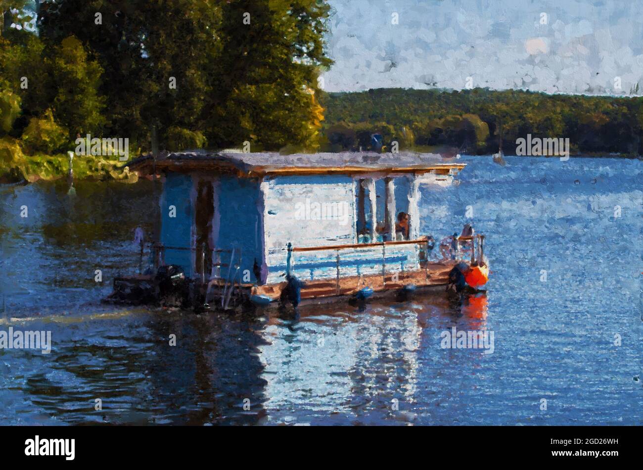 Oil paintings of a houseboat on the river Havel Stock Photo - Alamy