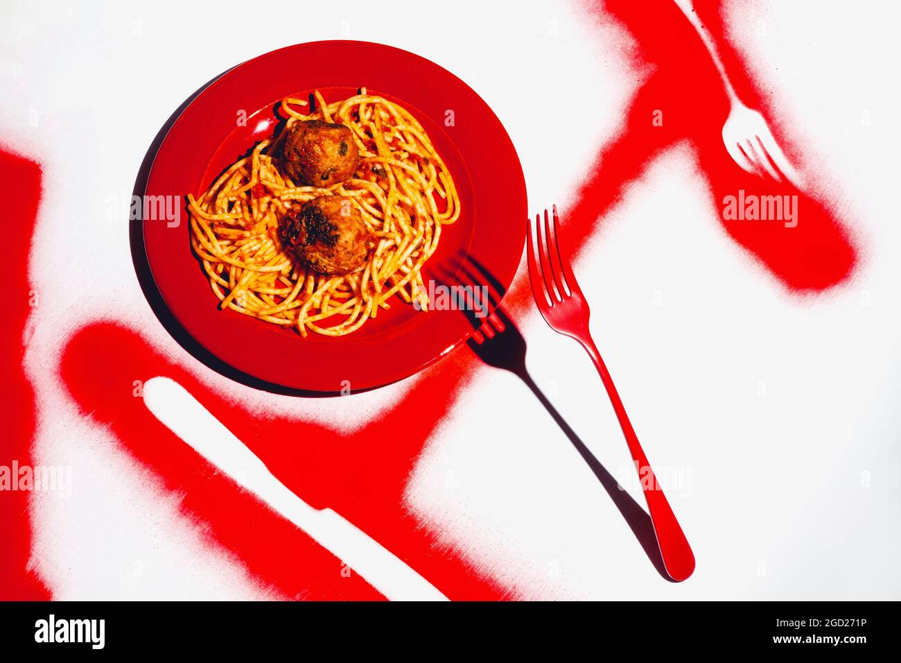 Stylized modern Italian spaghetti and meatballs with tomato sauce and ...