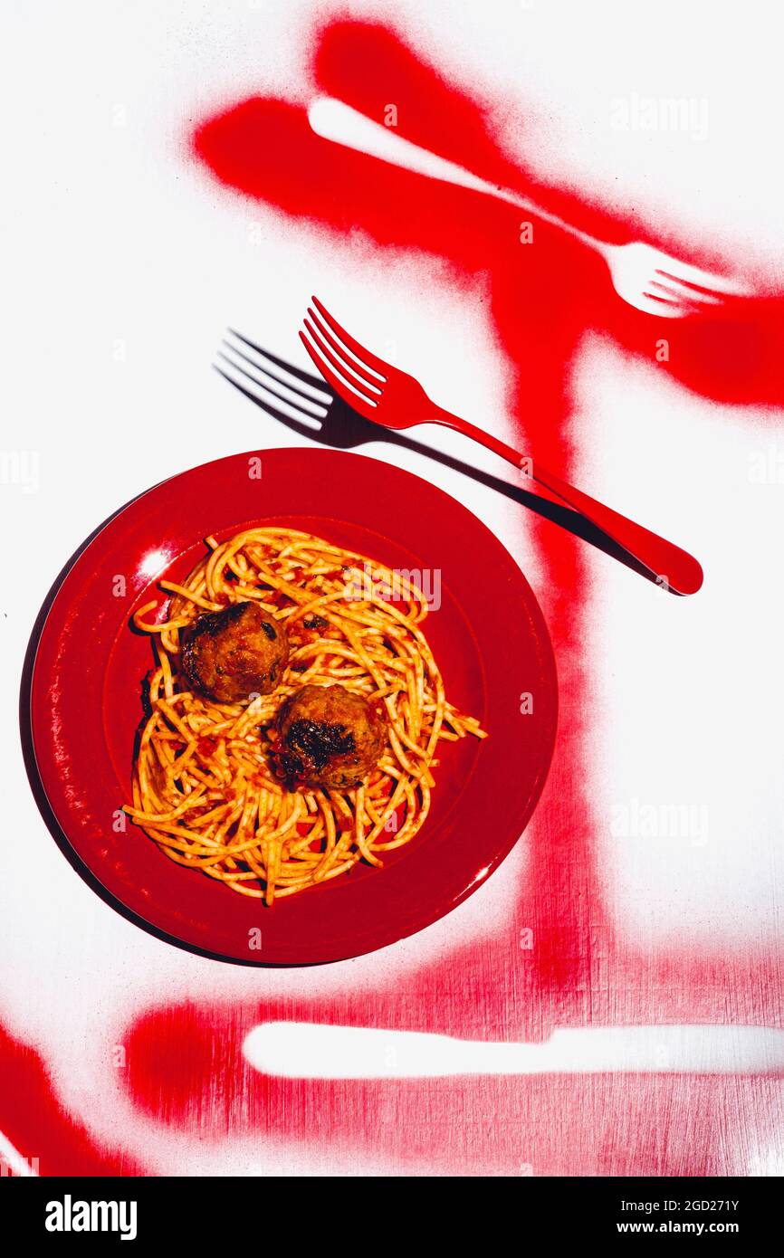 Stylized modern Italian spaghetti and meatballs with tomato sauce and ...