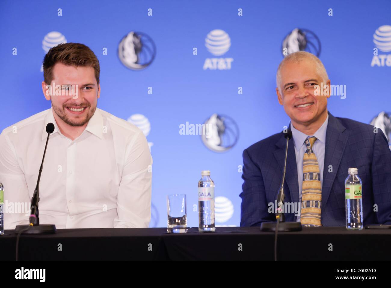 Ljubljana, Slovenia. 10th Aug, 2021. NBA star Luka Doncic and his agent Bill Duffy speak at a ...