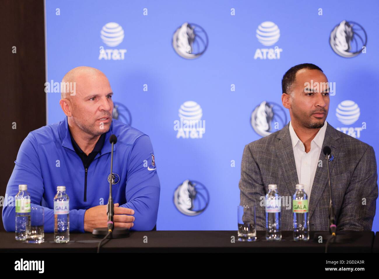 Jason Kidd (L) and Nico Harrison at a press conference after Luka Doncic’s signing of a 5-year ...