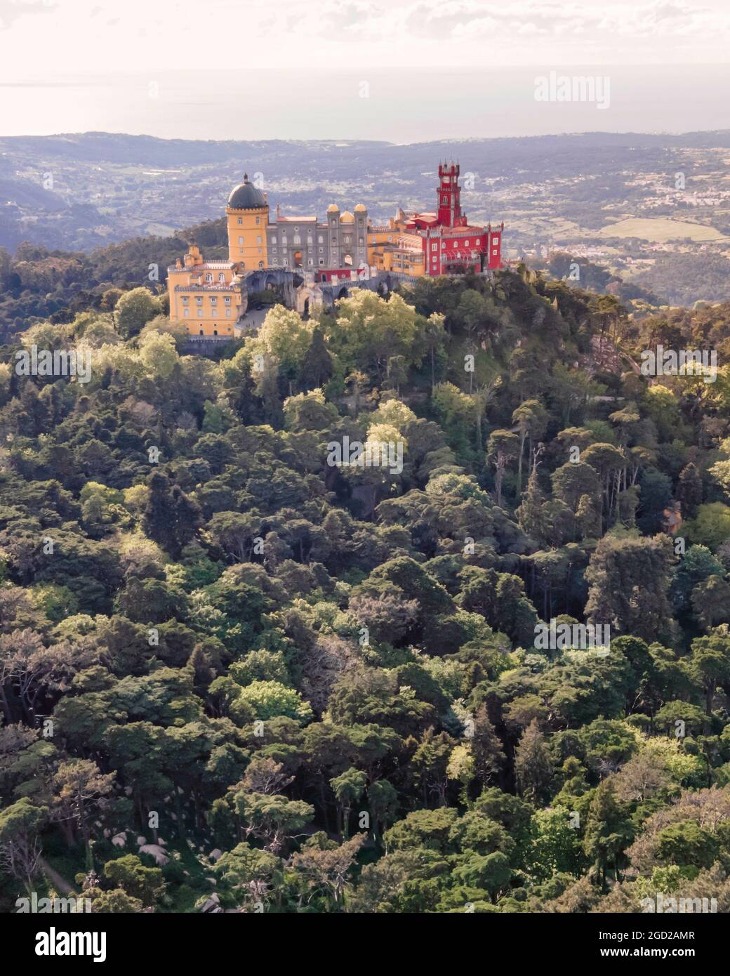 Aerial view of Pena Palace, a colorful castle, a beautiful sunset ...