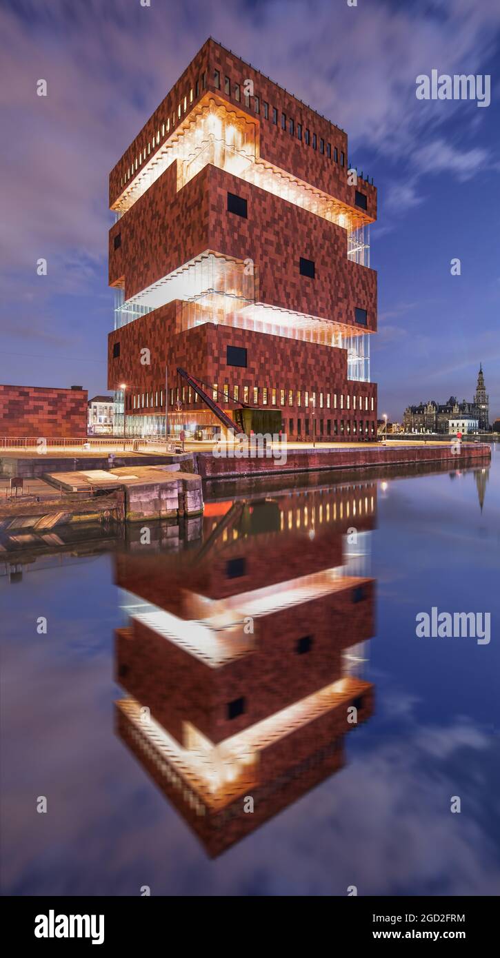 MAS Museum Antwerp at twilight. It has opened in 2011, located in an ...