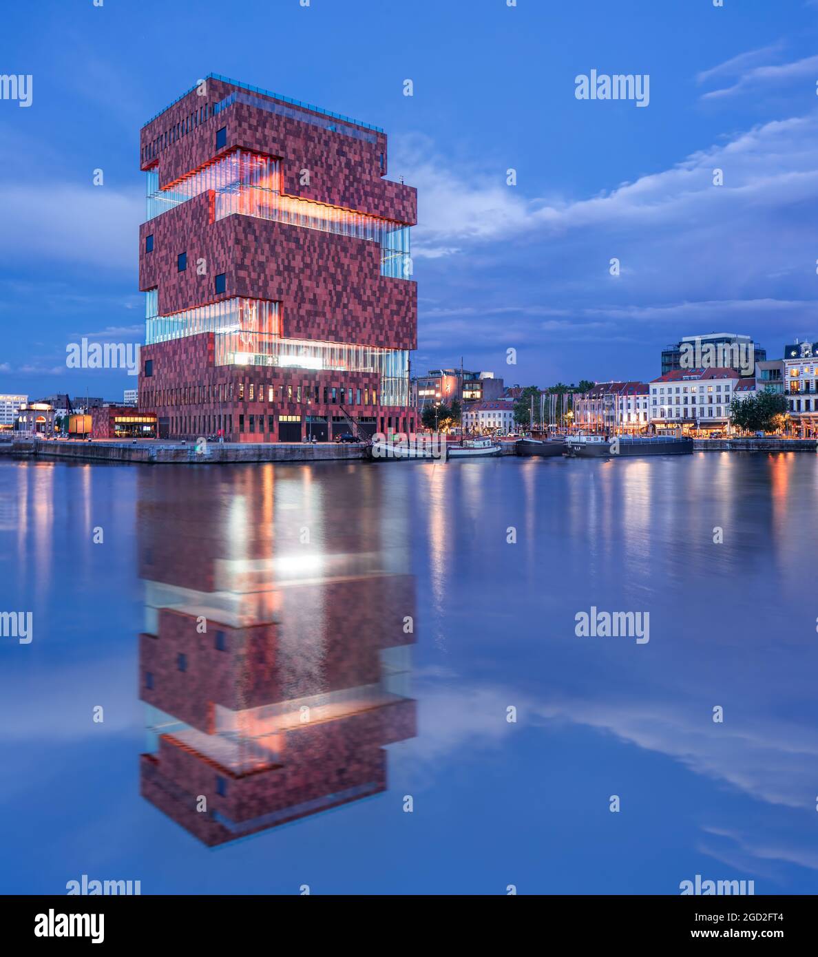 MAS Museum Antwerp at twilight. It has opened in 2011, located in an ...