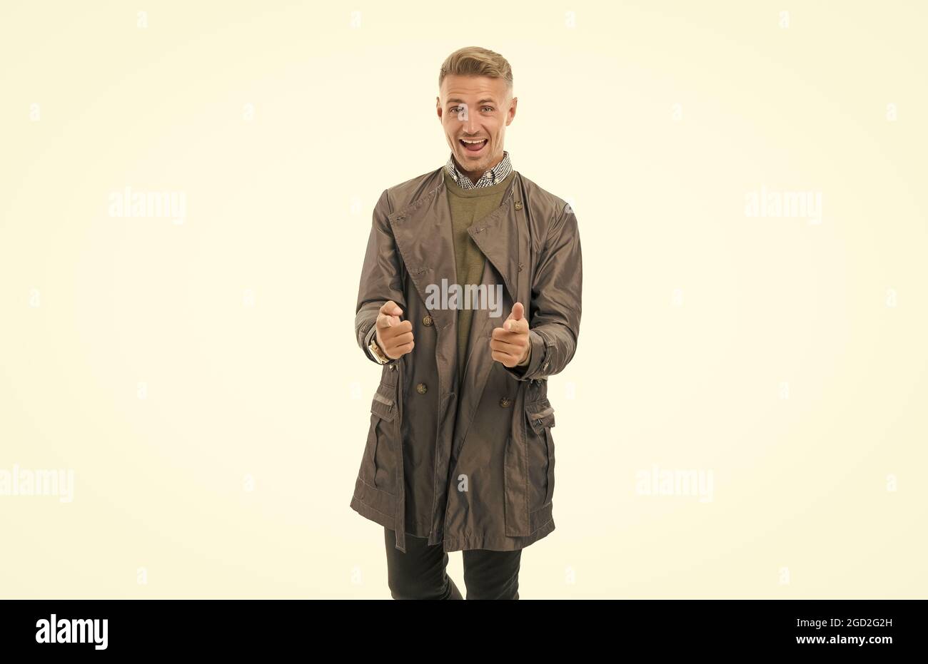 happy mature guy with groomed hair wear casual apparel pointing finger ...