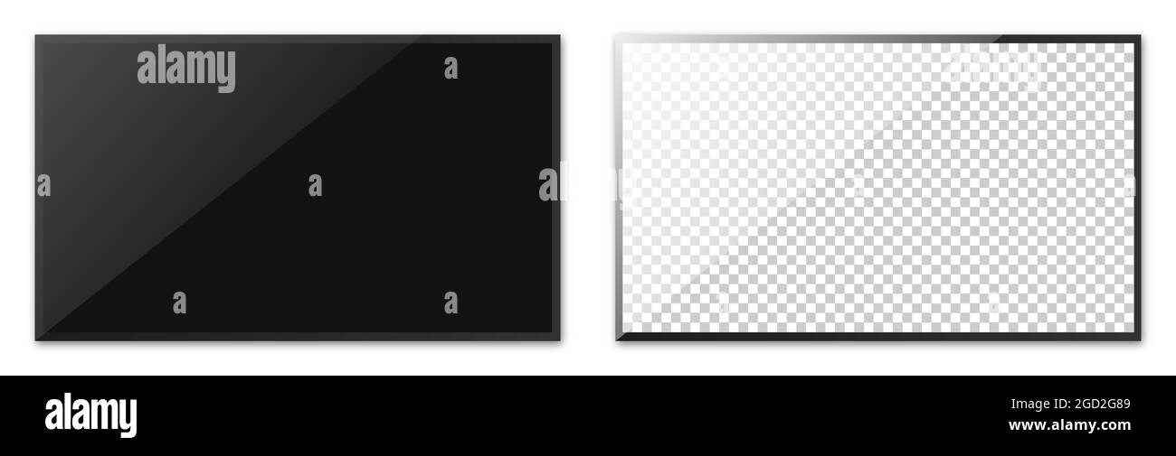 Realistic 3D blank TV screen set. Empty tv frame with reflection and transparency screen. Large ...