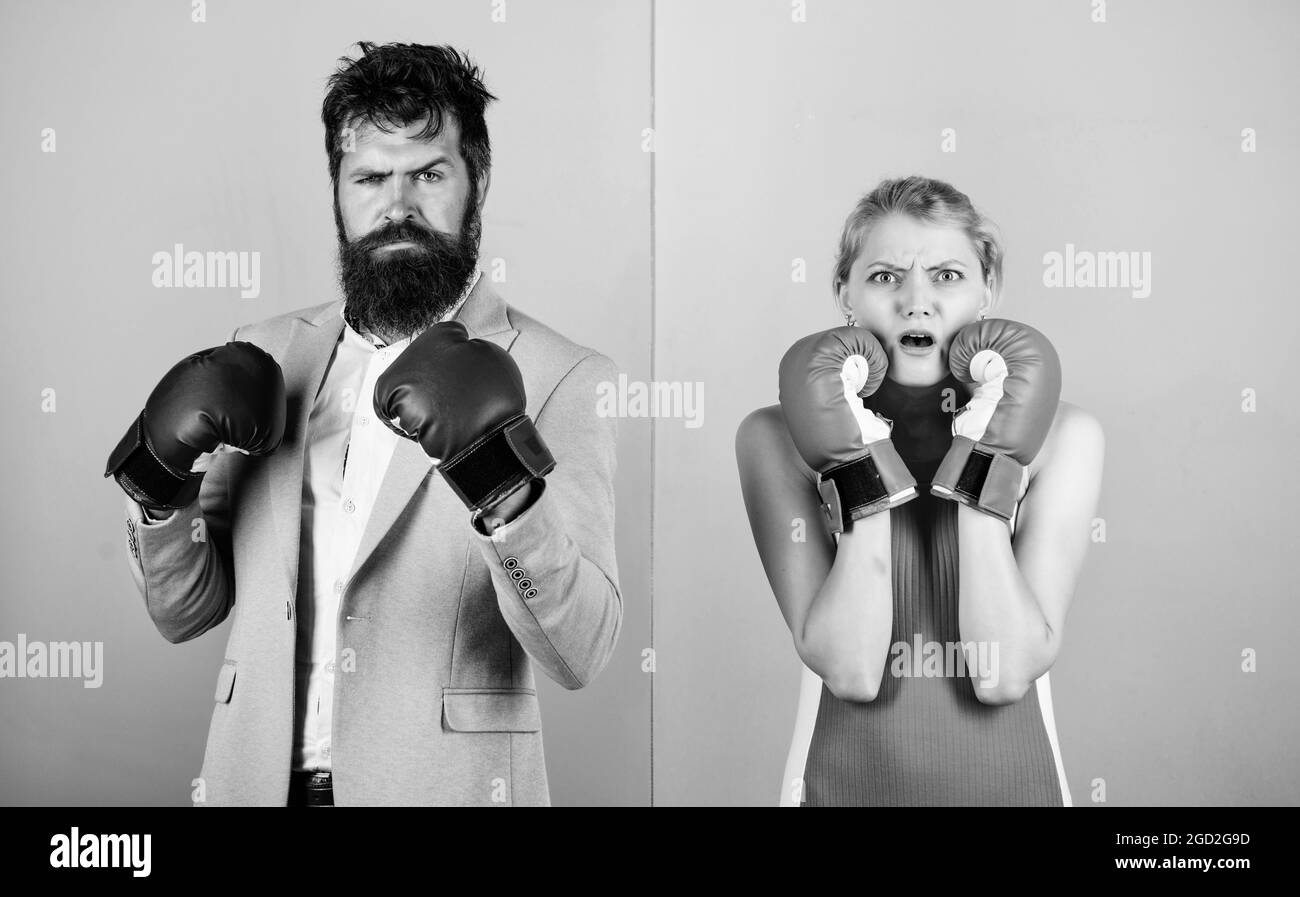 Conflict concept. Man and woman boxing fight. Family life. Complicated ...