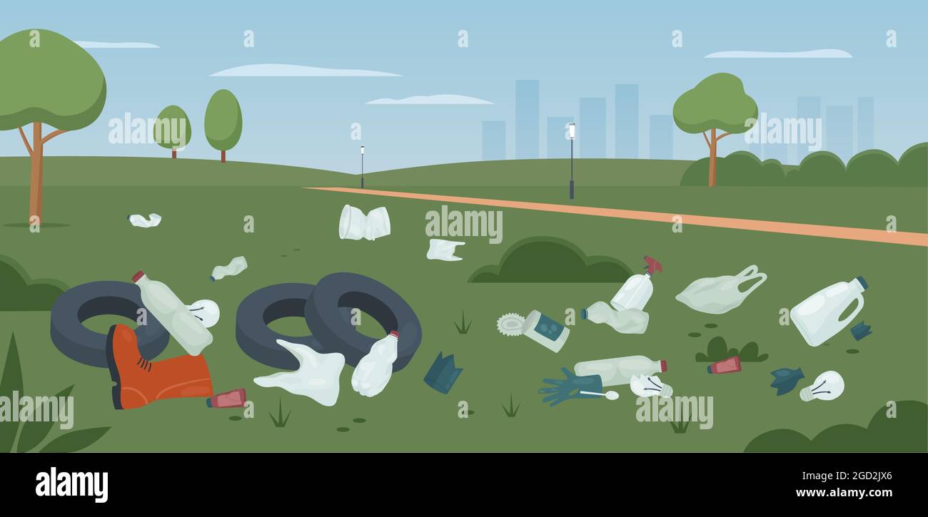 Waste trash garbage in dirty city park vector illustration. Cartoon ...