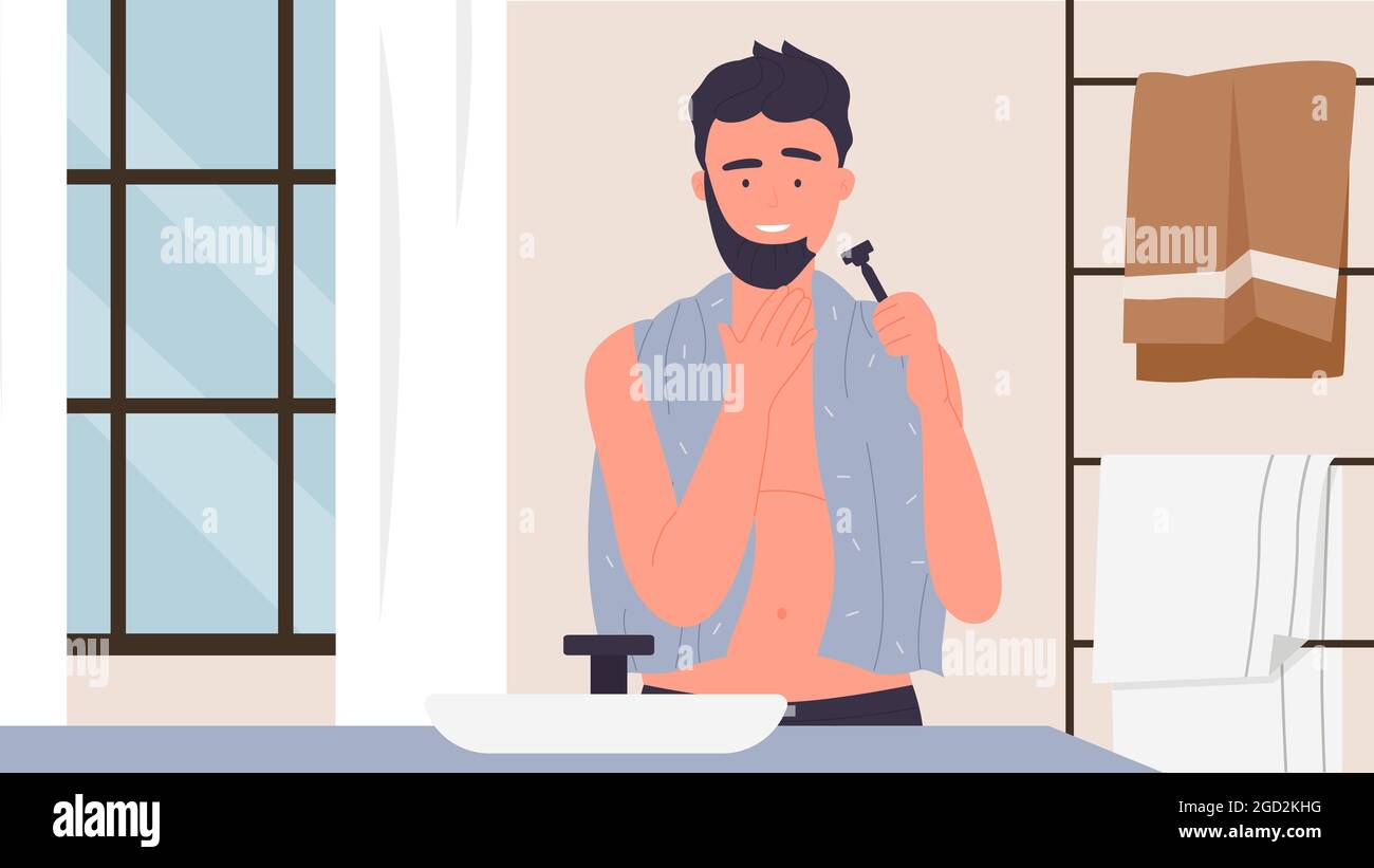 Man shaving, shave facial skin care, daily hygiene routine in bathroom interior vector ...