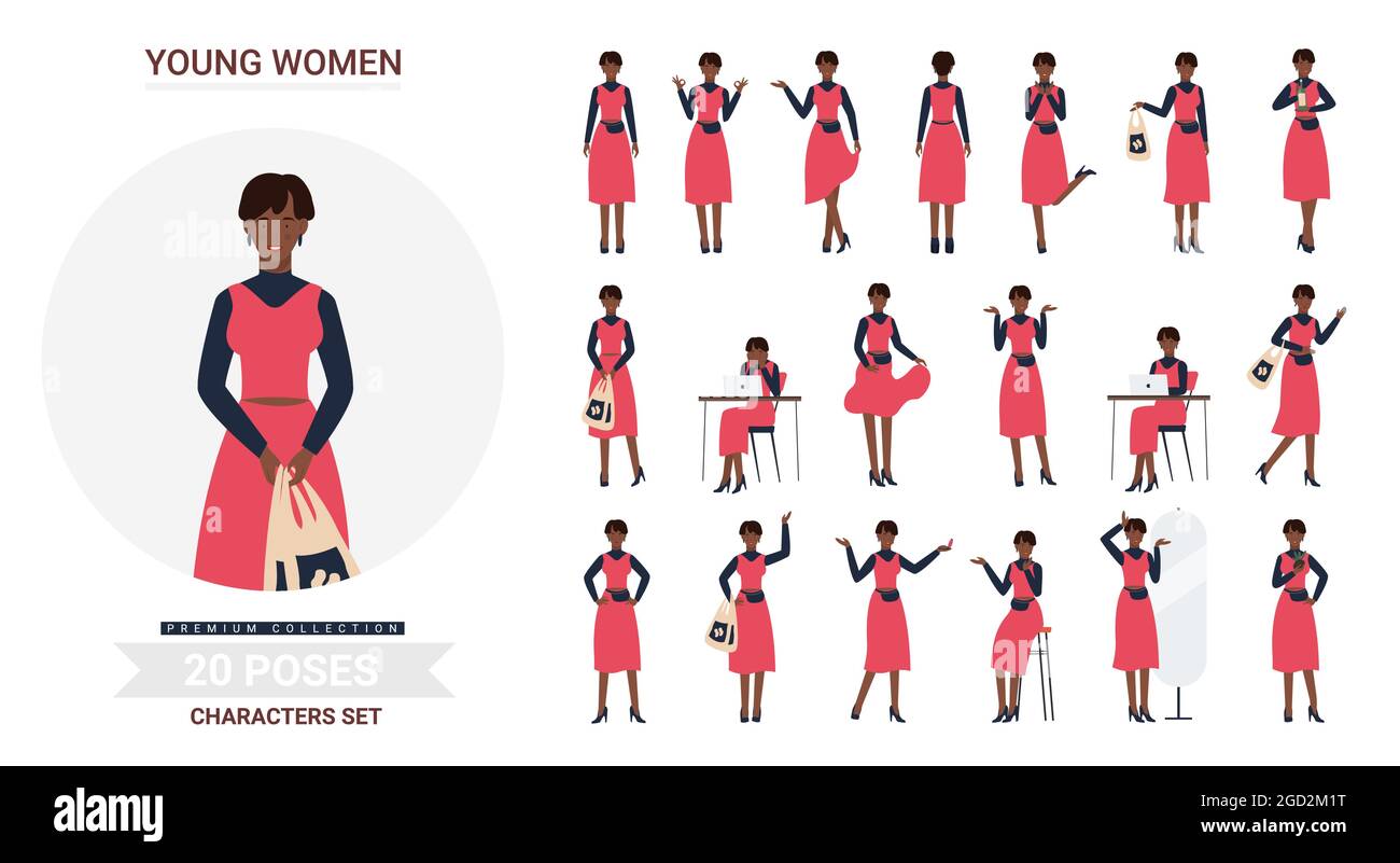 Young stylish black african american girl poses vector illustration set ...