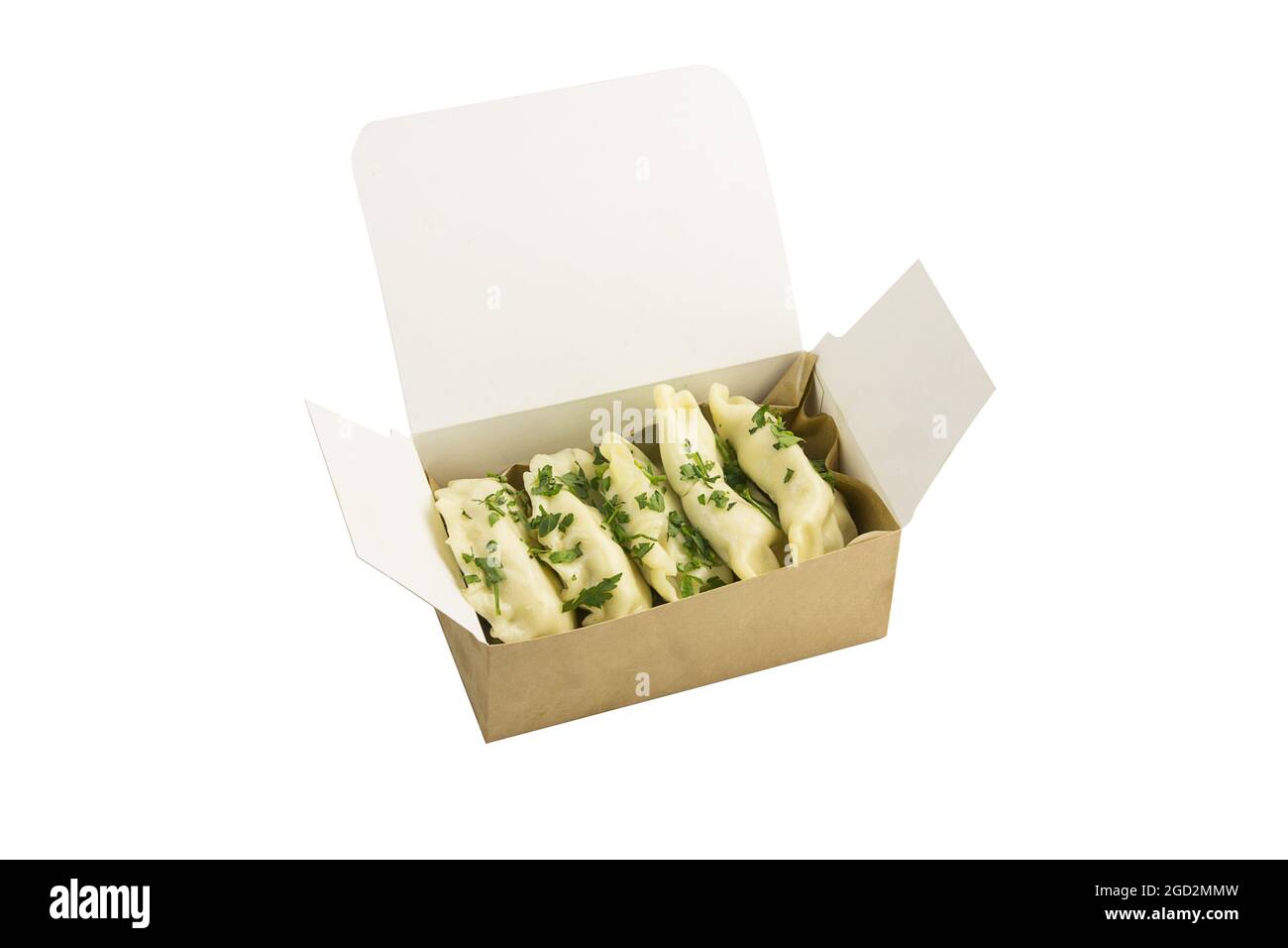 Dumplings in a takeaway box isolated on white background Stock Photo ...